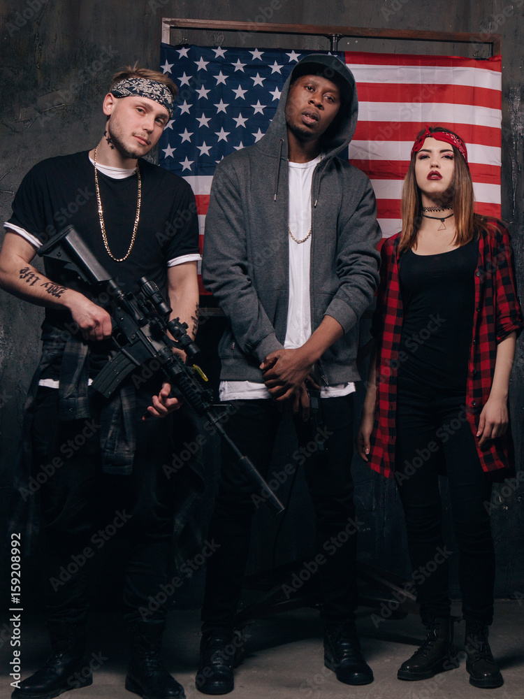 US criminal armed group of people. Mixed nationality gang on american ...