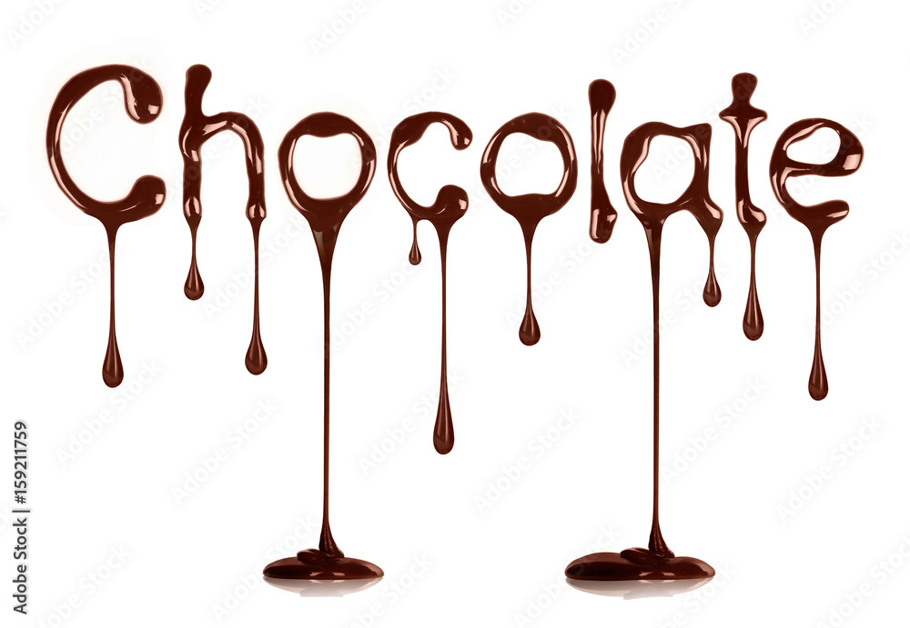 The word Chocolate written by liquid chocolate on white background ...