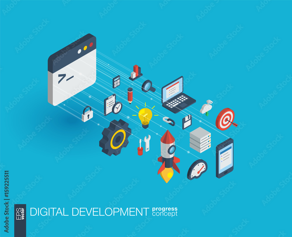 Development integrated 3d web icons. Digital network isometric progress ...