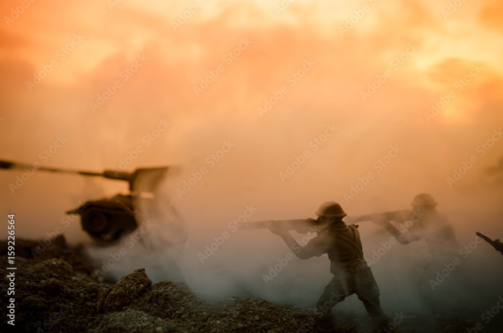 War Concept. Military silhouettes fighting scene on war fog sky ...