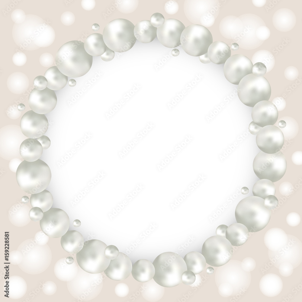 Pearl beads round frame on beige bokeh background. Wedding invitation ...