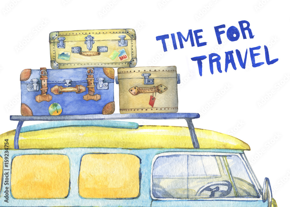 Old-fashioned yellow hippie сamper bus with suitcases, painted in ...