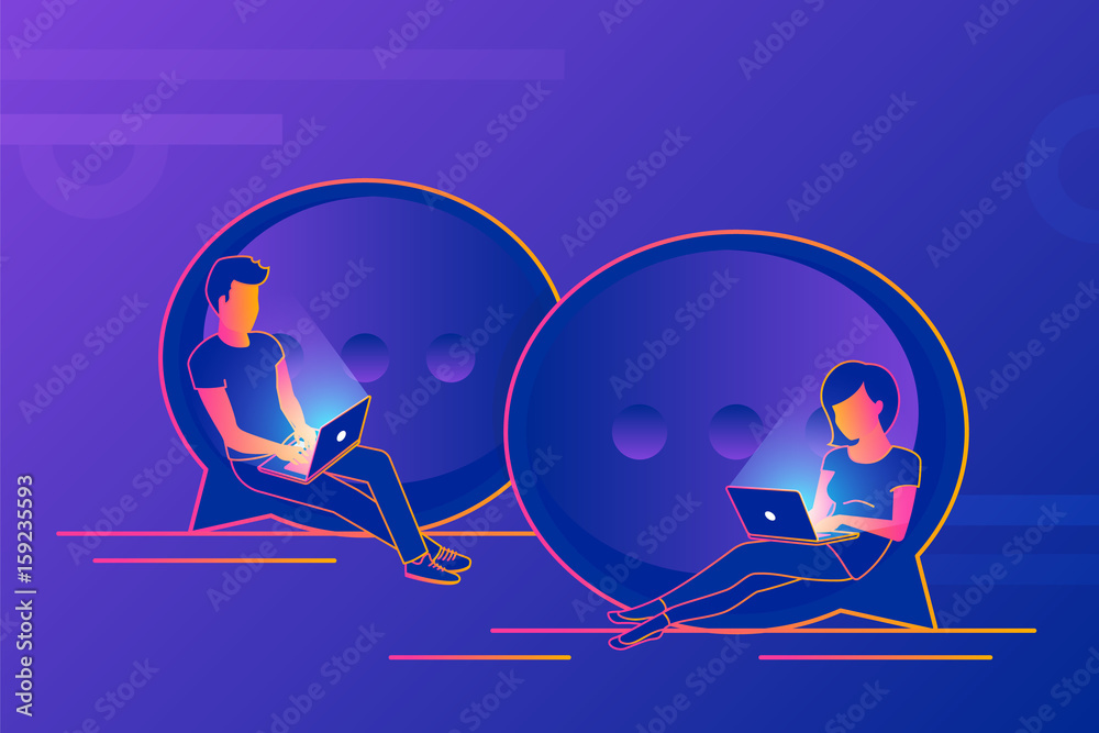 Chat talk concept illustration of young people using laptops for ...