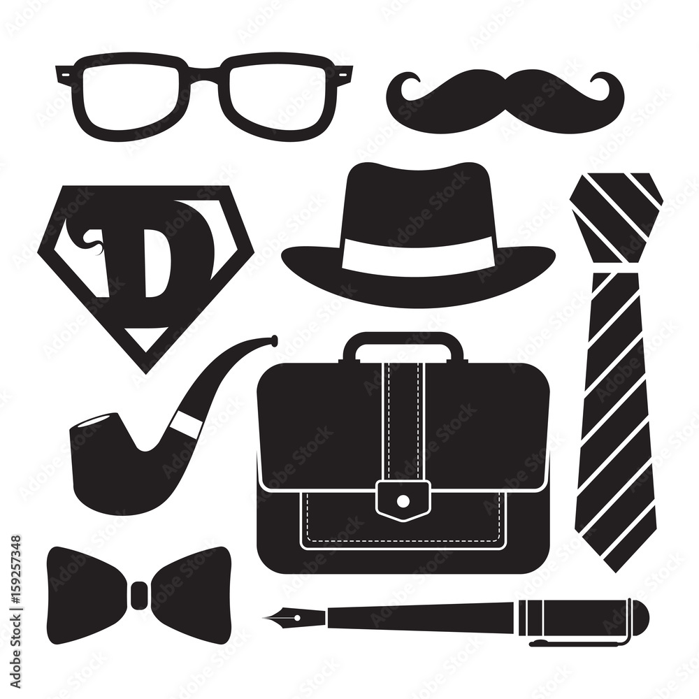 Father's Day icon set isolated on white. Symbol of men accessories in ...