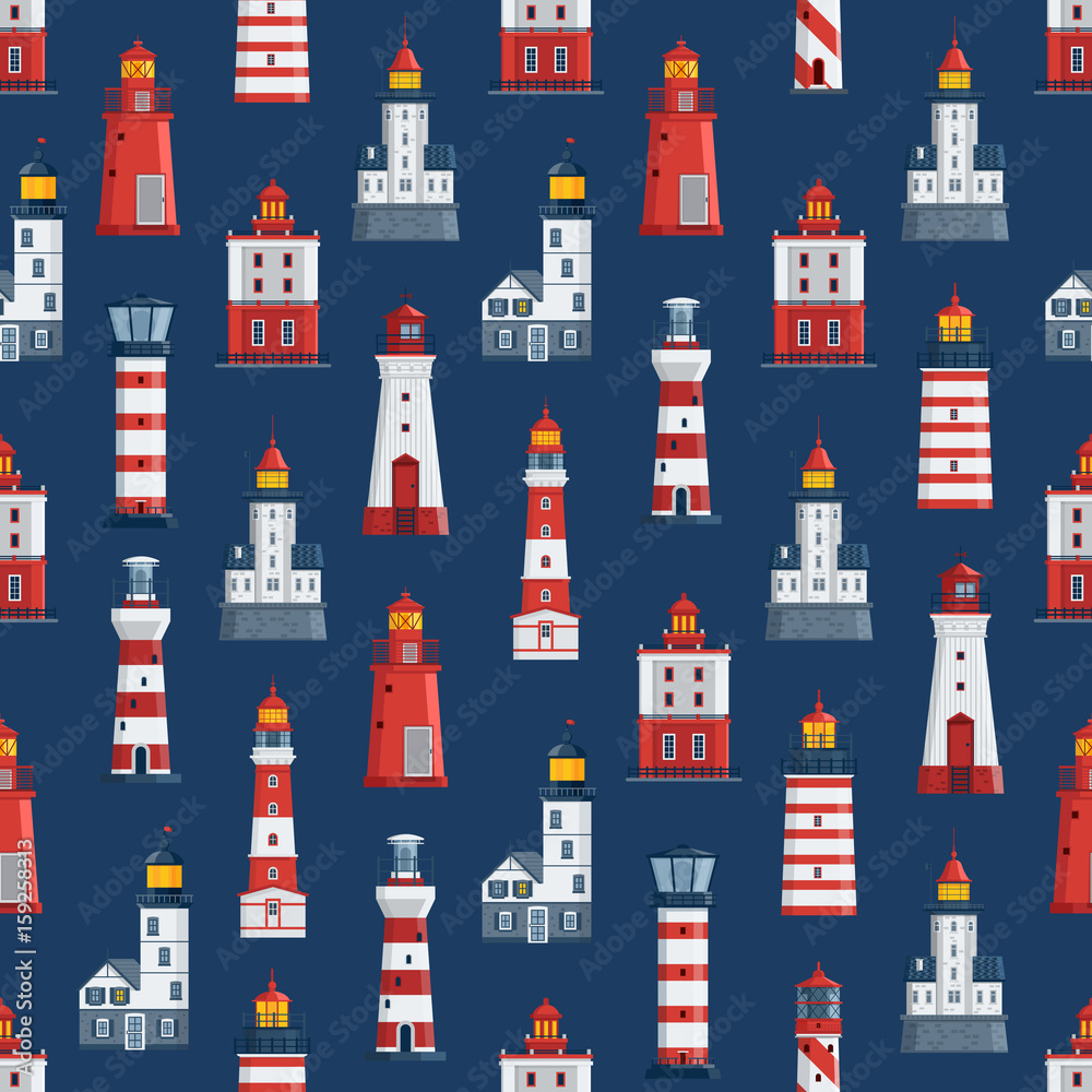 Cartoon lighthouse pattern. Red and blue sea guiding light houses ...