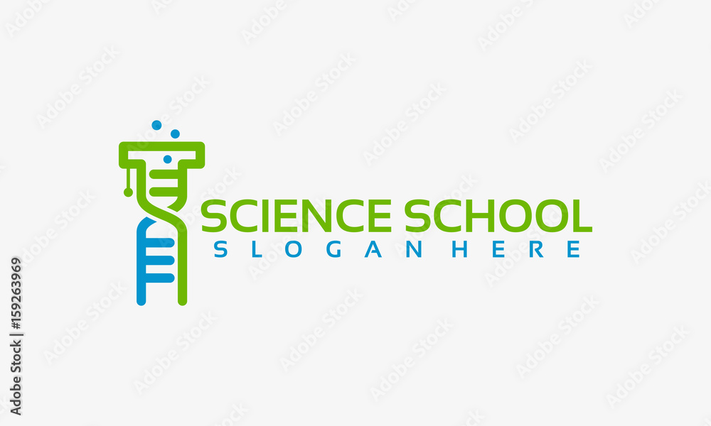 Science School Logo with DNA / Gen symbol template, vector illustration ...