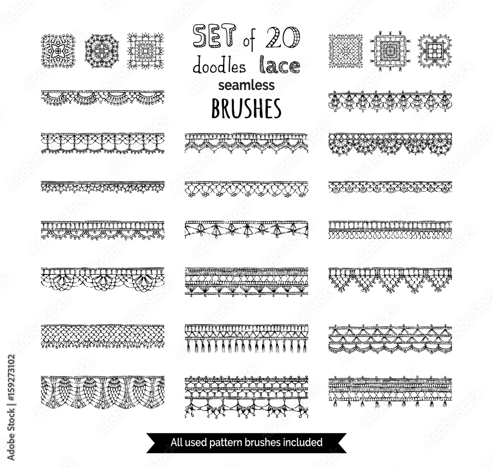 Vector set of 20 doodles lace seamless brushes. Stock Vector | Adobe Stock