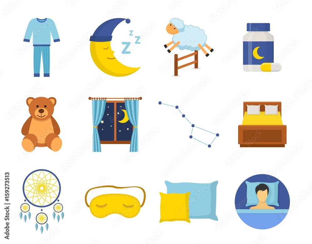 Sleep time icons set in a flat style. Collection nap night bedtime ...