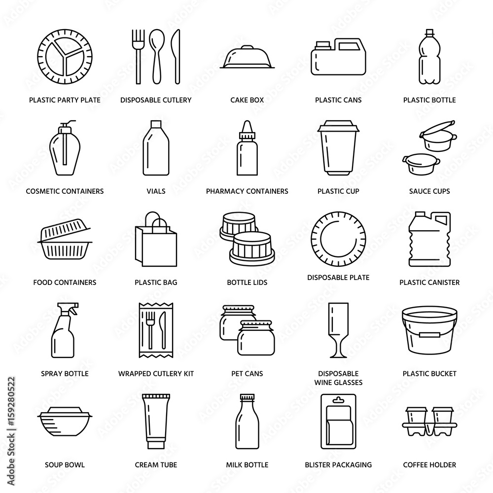 Plastic packaging, disposable tableware line icons. Product packs ...