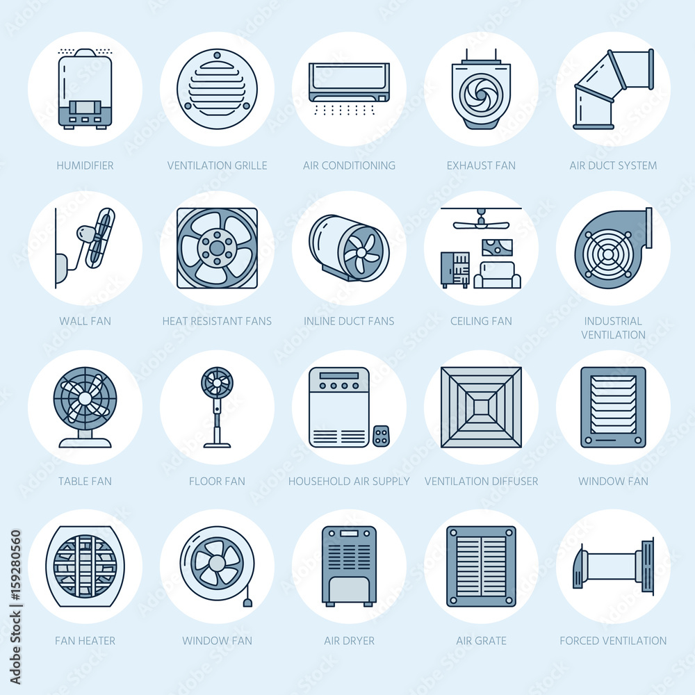 Ventilation equipment line icons. Air conditioning, cooling appliances ...
