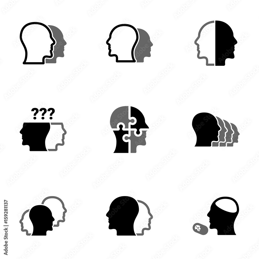Set of simple icons on a theme Schizophrenia, mental health, psychology ...