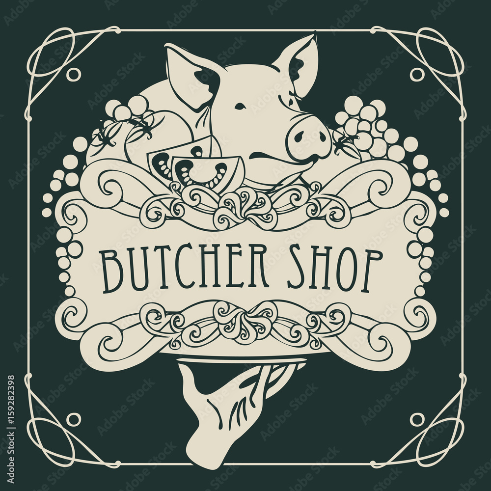 Vector banner for the butcher shop with a picture of a hand with a tray ...