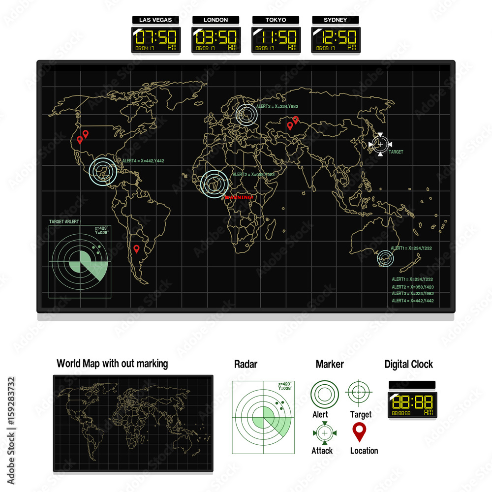 Vektorová grafika „World map on Monitor assembly and its component for ...