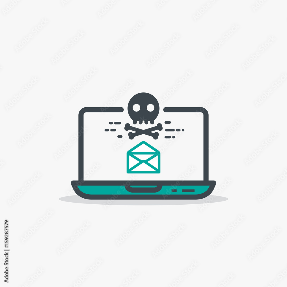 Email with malware and laptop concept. Opened mail envelope and malware ...
