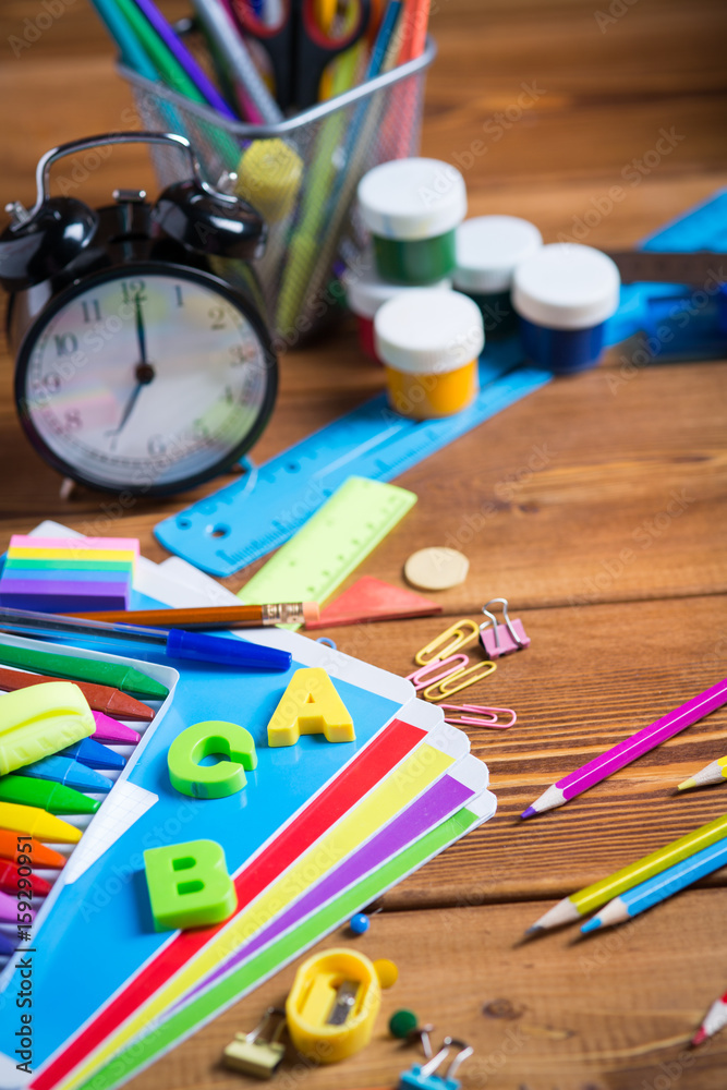 School supplies on table Stock Photo | Adobe Stock