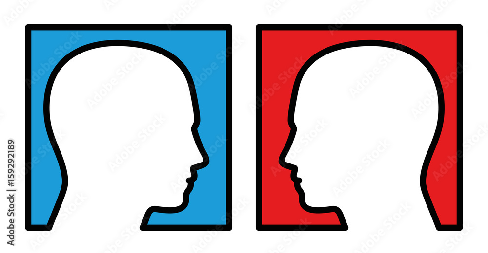 Opposition - two persons looking at each other, with blue and red ...