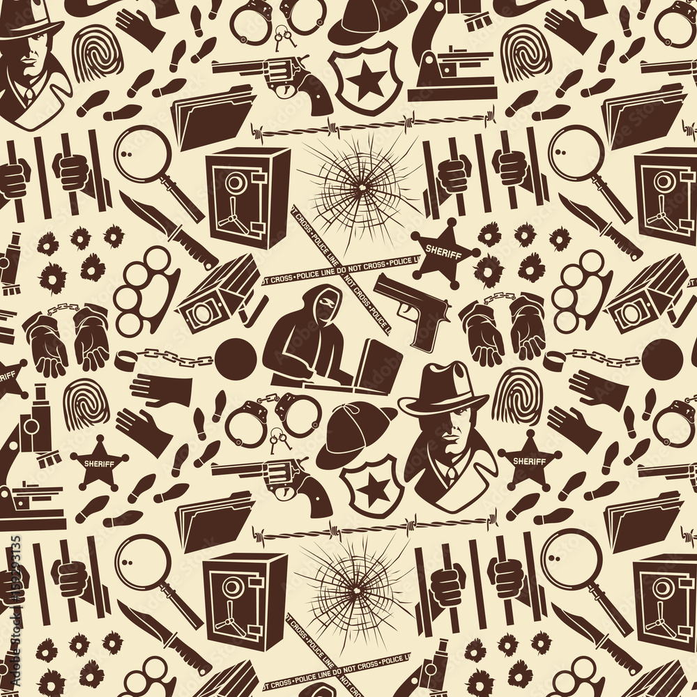 Background pattern with detective icons (Sherlock Holmes hat, hands in ...