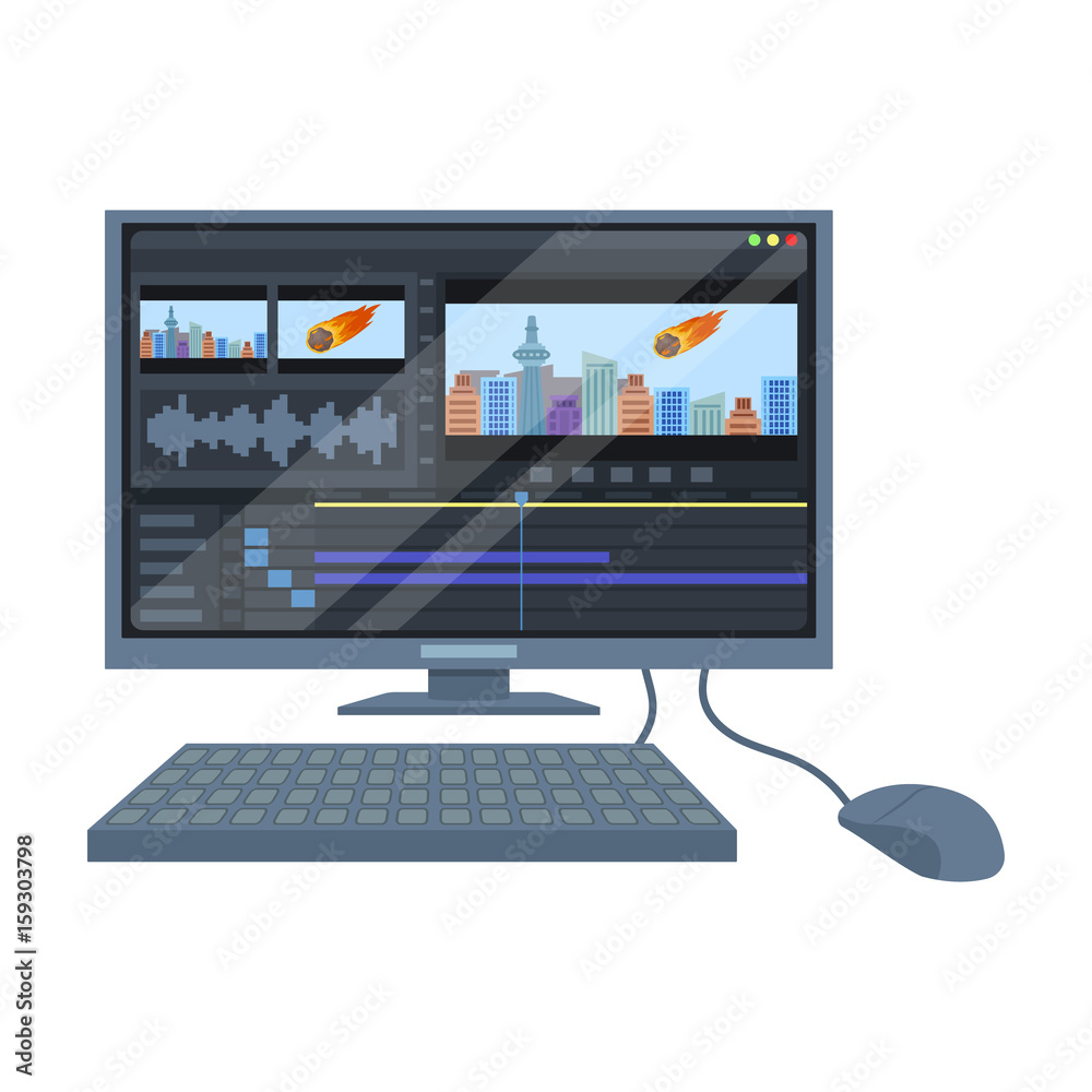 Computer with keyboard.Making movie single icon in cartoon style vector ...