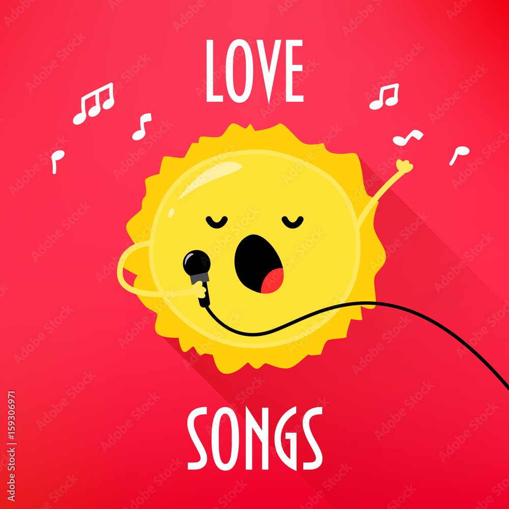 Cartoon sun with microphone sings love songs. Cute music card for ...