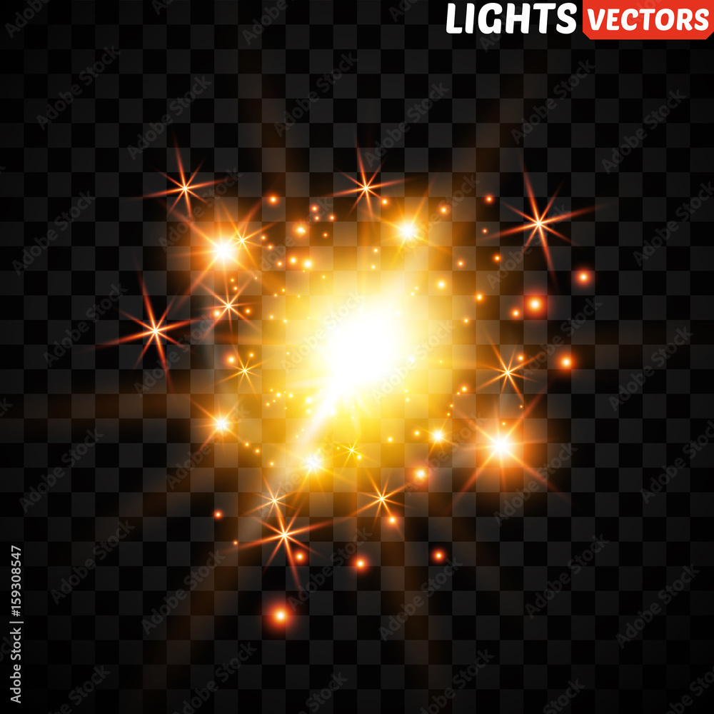 Set of golden glowing lights effects isolated on transparent background ...