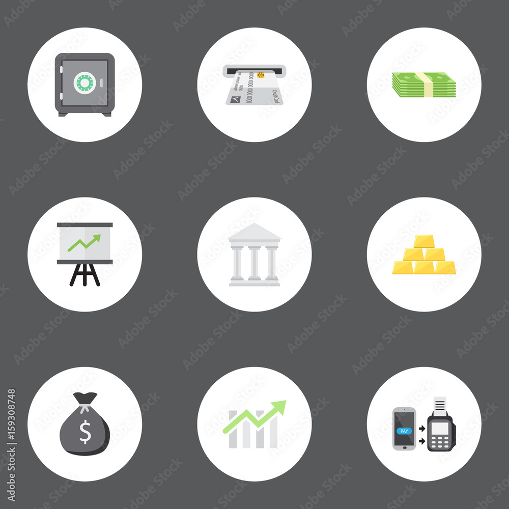 Flat Icons Bar Diagram, Ingot, Cash Stack And Other Vector Elements ...