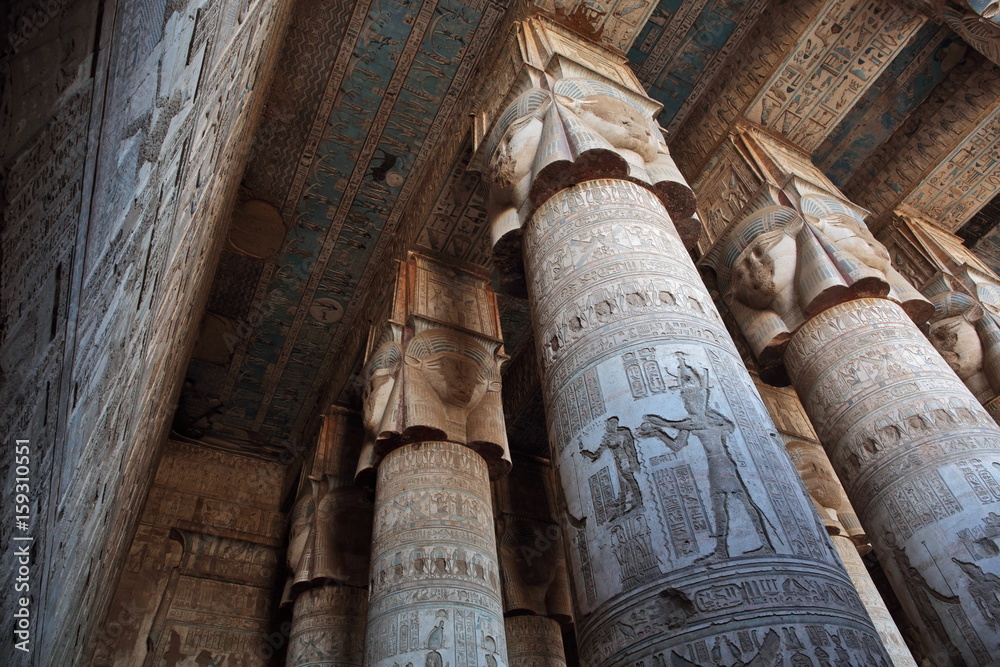 Pillars decorated with face of the Egyptian goddess Hathor in Dendera ...