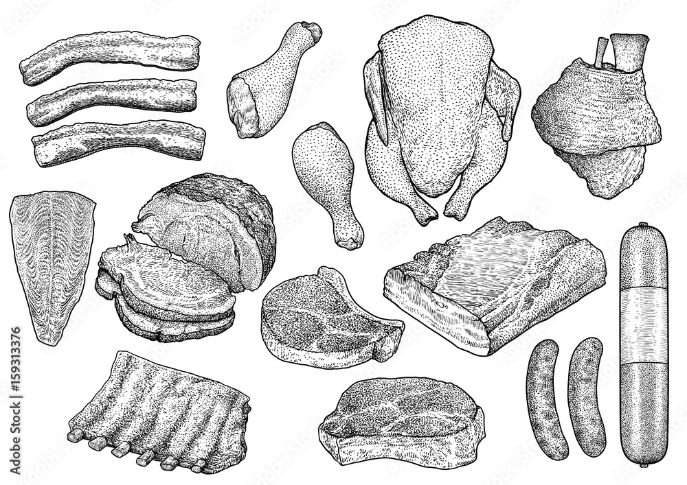 Meat collection illustration, drawing, engraving, ink, line art, vector ...