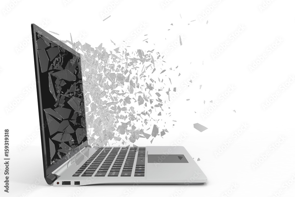 Computer or laptop with broken screen isolated on white background for ...