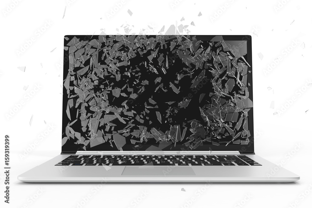 Computer or laptop with broken screen isolated on white background for ...