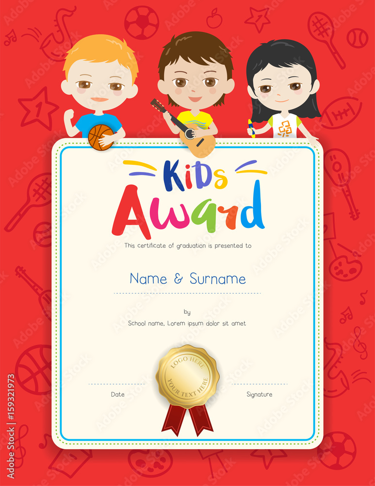 Portrait colorful kids award diploma certificate template in cartoon ...