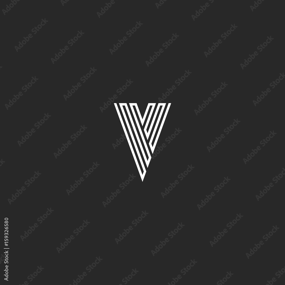 V logo letter initial monogram, thin line black and white minimal ...