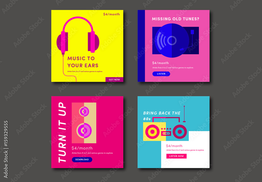 Four Colorful Square Music Social Media Post Layouts Stock Template ...