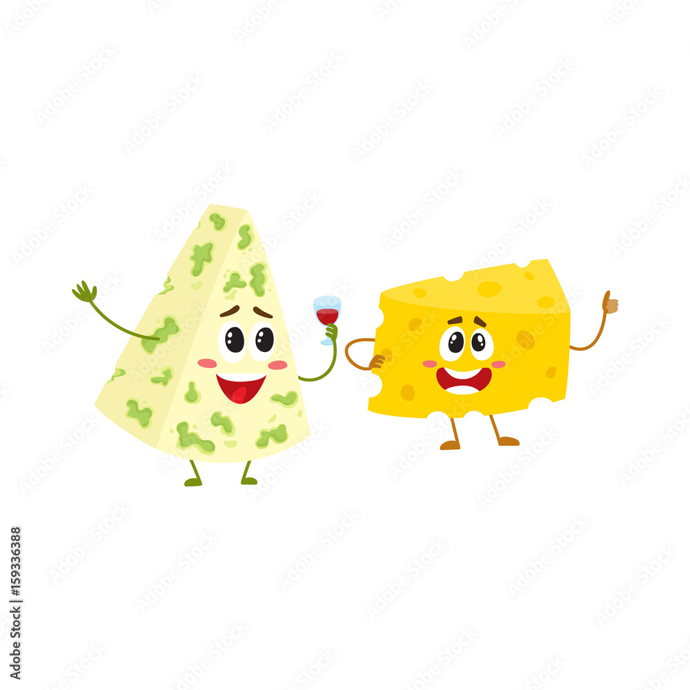 two Funny cheese chunk character showing thumb up, good quality concept ...