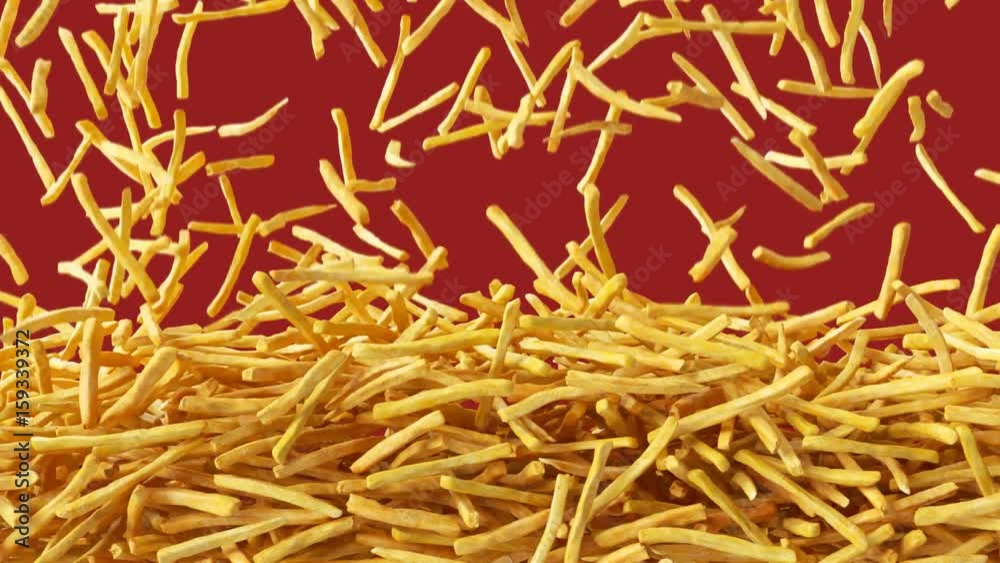 Fried potato chips falling down, fast food, junk food background with ...