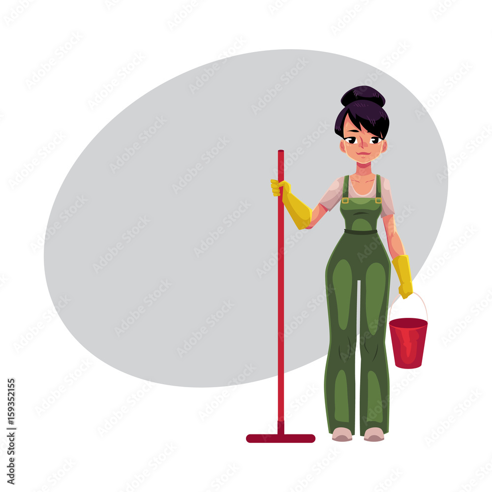 Cleaning service girl, charwoman, cleaner in overalls holding mop and ...