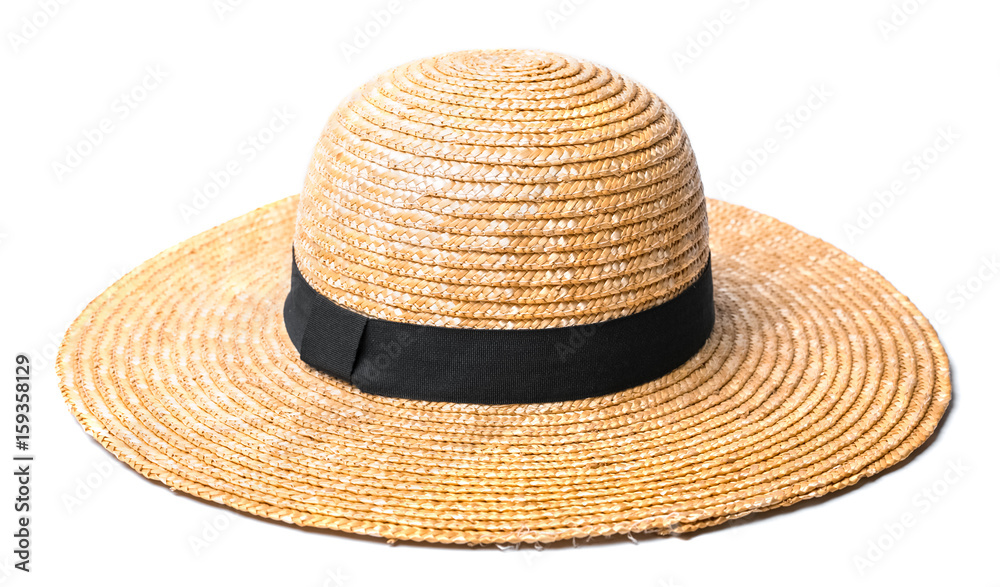 Pretty straw hat with a black strip on white background beach hat top ...
