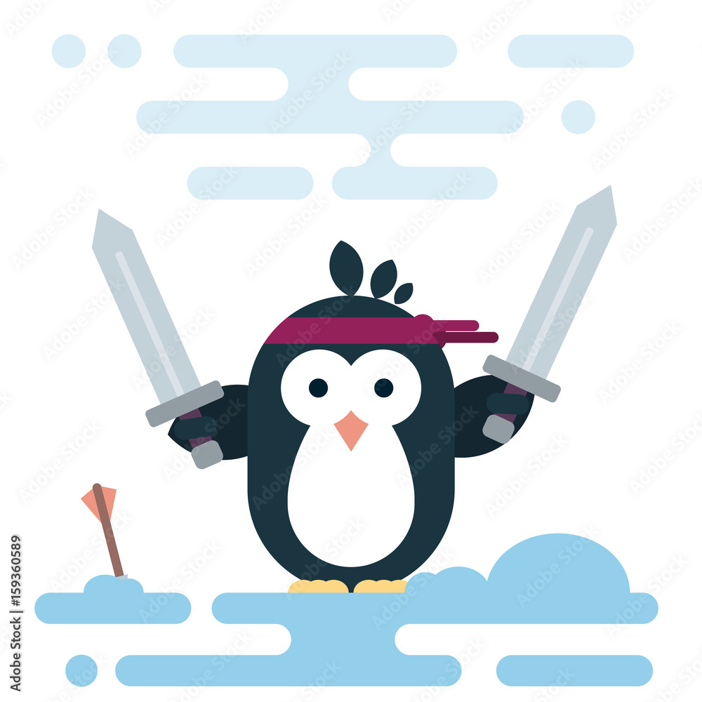 Flat penguin character stylized as a barbarian with two swords. Stock ...