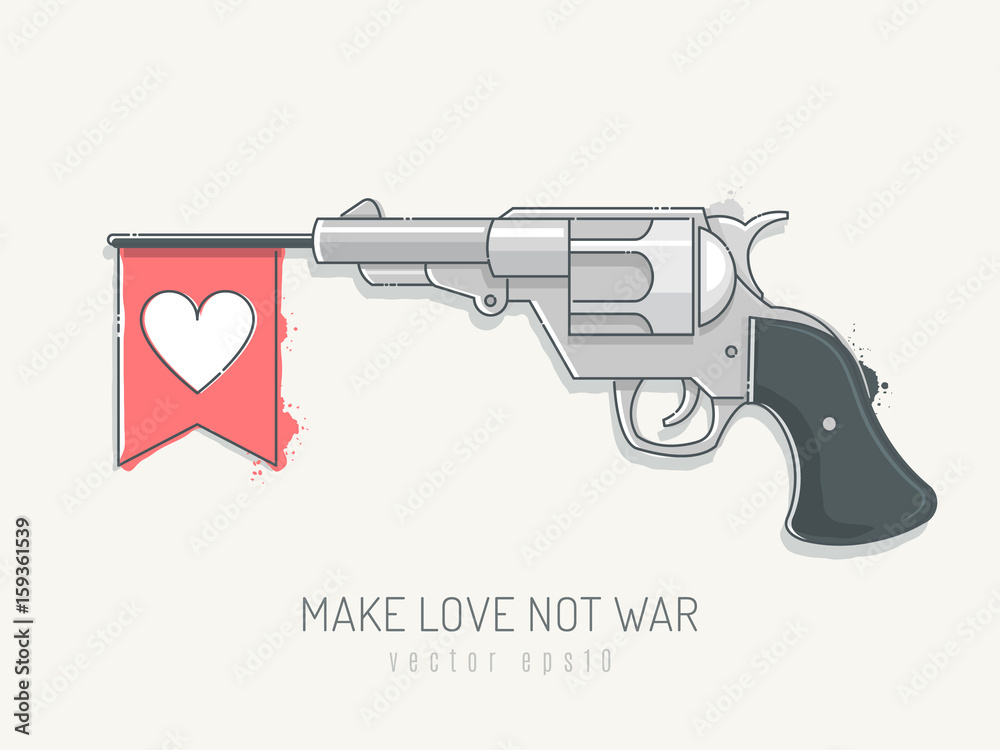 Handgun revolver firing red flag with heart shape. Make peace, not war ...