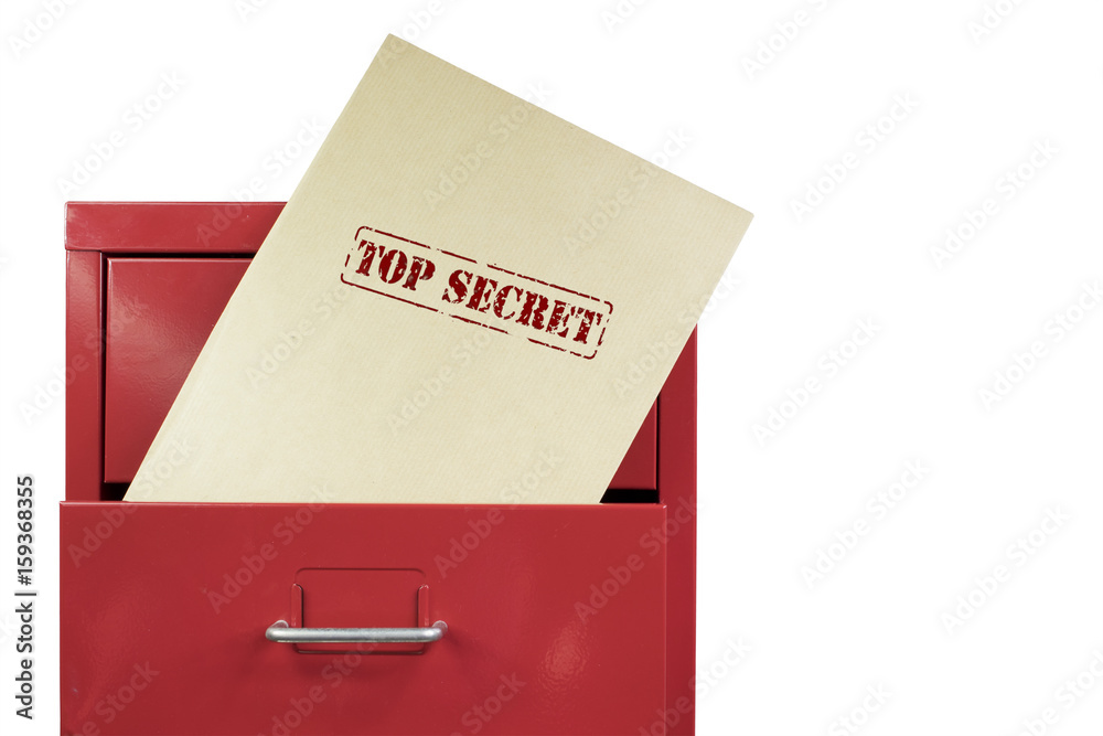 Top secret envelop in a red file cabinet, over a white background ...