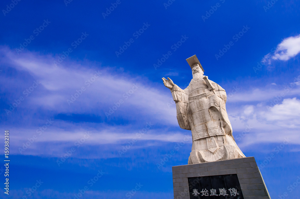 Modern statue of emperor Qin Shi Huang near the site of his tomb in Xi ...
