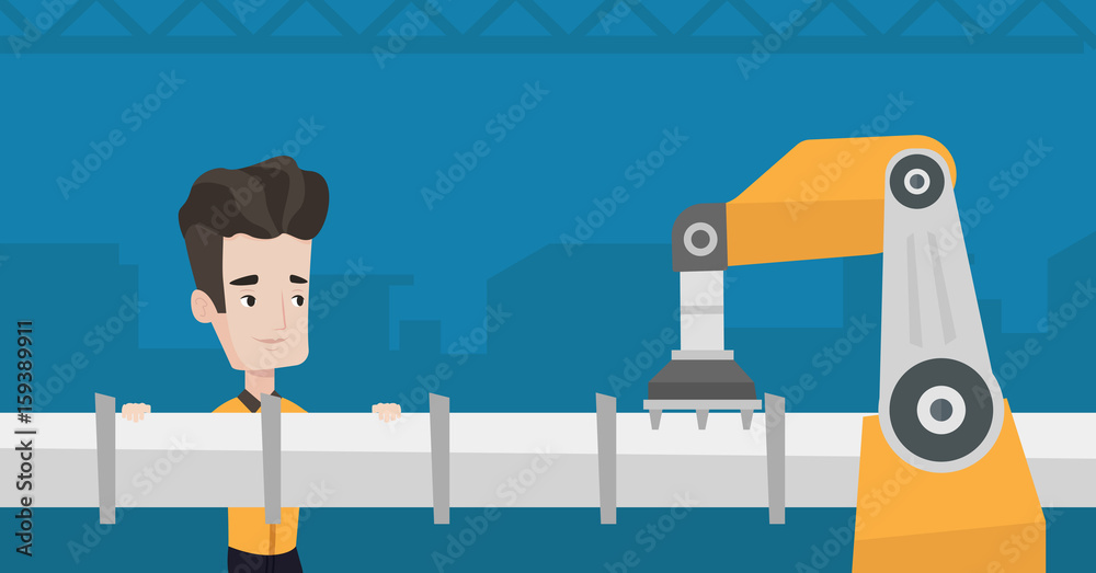 Caucasian refinery worker repairing pipeline with a robotic arm. Youn ...