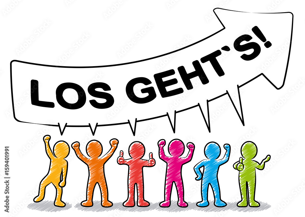 Motivierende Strichmännchen mit aufstrebender Pfeil-Sprechblase: Los ...