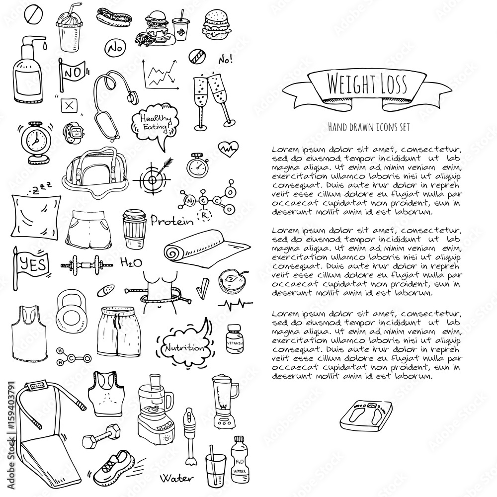 Hand drawn doodle Weight loss icons set Vector illustration dieting ...