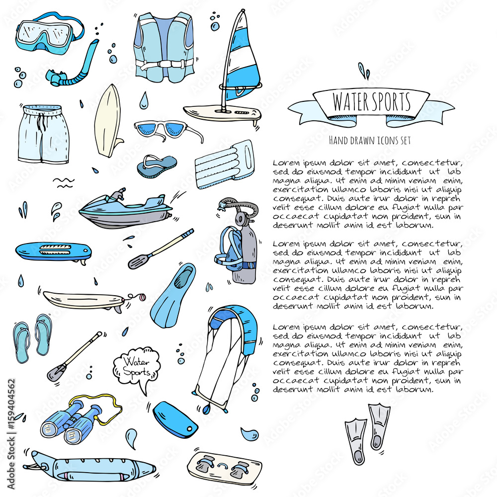 Hand drawn doodle Water sports icons set. Vector illustration, isolated ...