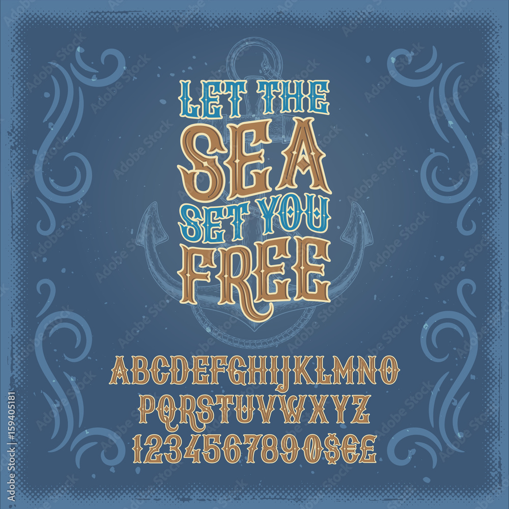 Vector illustration of a vintage font, the Latin alphabet and numerals ...