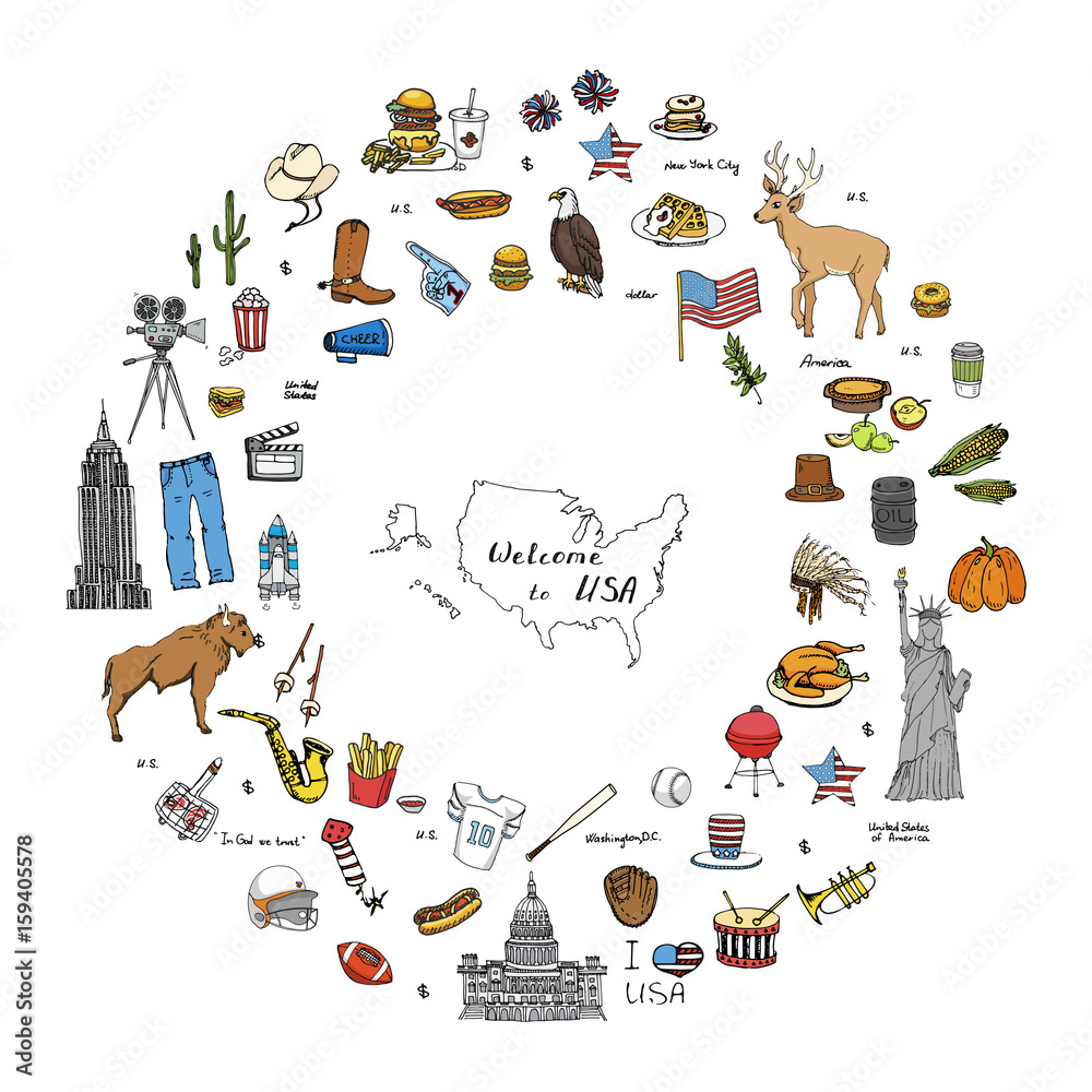 Hand drawn doodle USA set Vector illustration Sketchy american icons ...