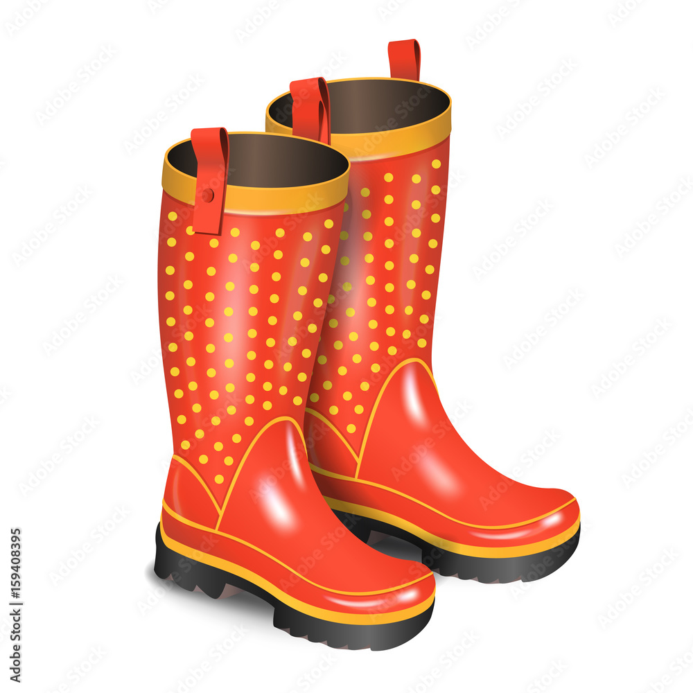 Pair of gumboots. Rain red boots with dots isolated on white background ...