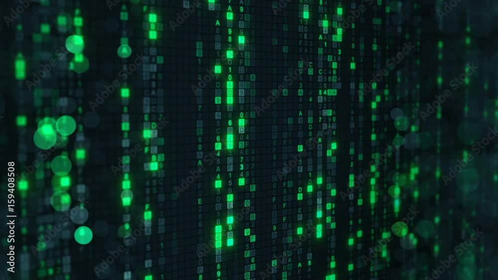 Green matrix rain of digital HEX code on computer screen. Seamless loop ...