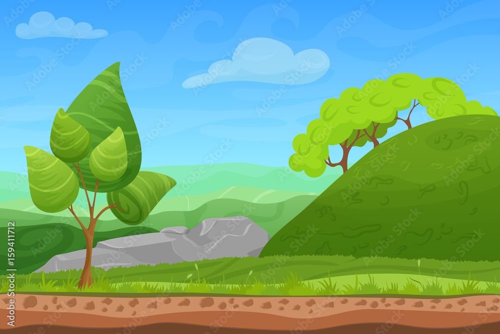 Cartoon color nature spring summer landscape in sun day with grass ...