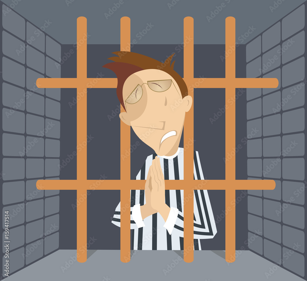 Man in jail cartoon. Crying prisoner behind the bars praying for ...